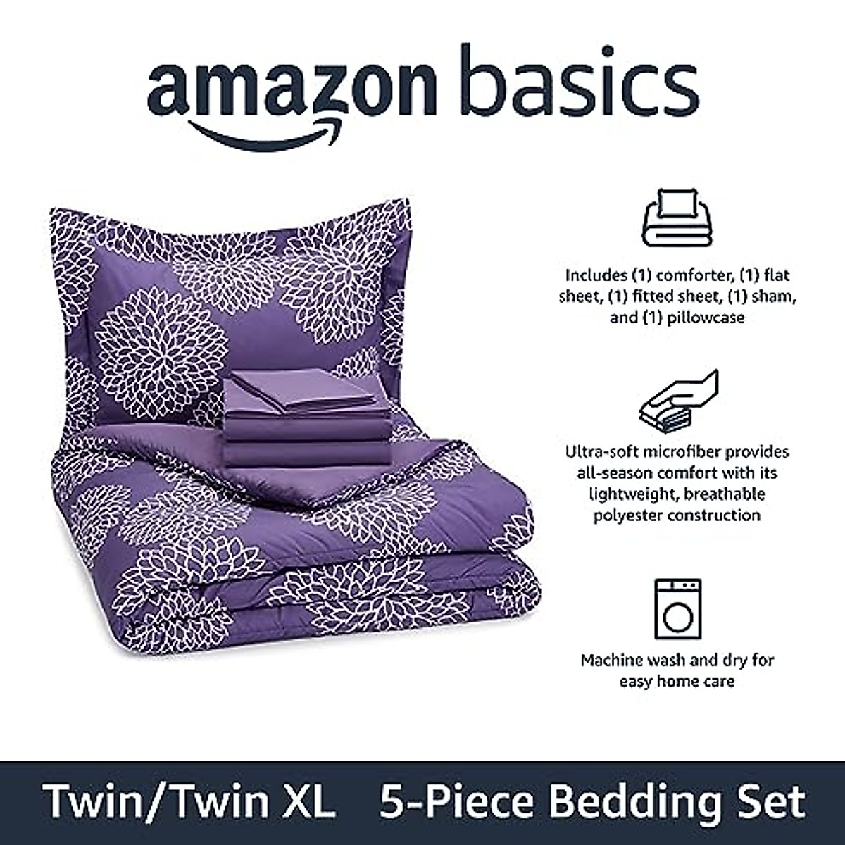 Amazon Basics Lightweight Microfiber Bed-in-a-Bag Comforter 5-Piece Bedding Set, Twin/Twin XL, Purple Floral