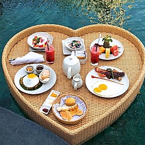 Floating Serving Tray Table,Swimming Pool Floating Serving Tray,Floating Rattan Woven Food Tray with Handles,Heart-Shaped Rattan Woven Serving Tray,Apricot