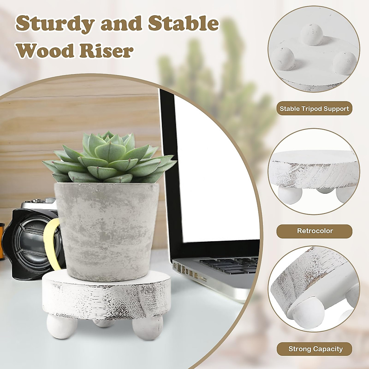 Ziluce Mini Wood Riser for Tiered Tray Decor, 2-Pack Small Wooden Risers for Display, 4-Inch Round Pedestal Stand, Distressed Farmhouse Risers for Home Decor - White