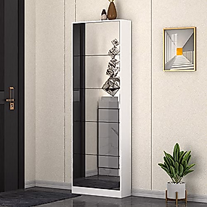 Organizedlife Mirror Shoe Cabinet, Wooden Shoe Organizer with 5 Tier, Full Length Mirror Shoe Rack,Shoe Cabinet for Entryway