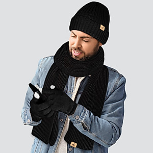 3 PCS Winter Hat Scarf Gloves Set, Soft Warm Knit Beanie Hat Touchscreen Gloves Long Knitted Scarf Set Winter Gifts for Men