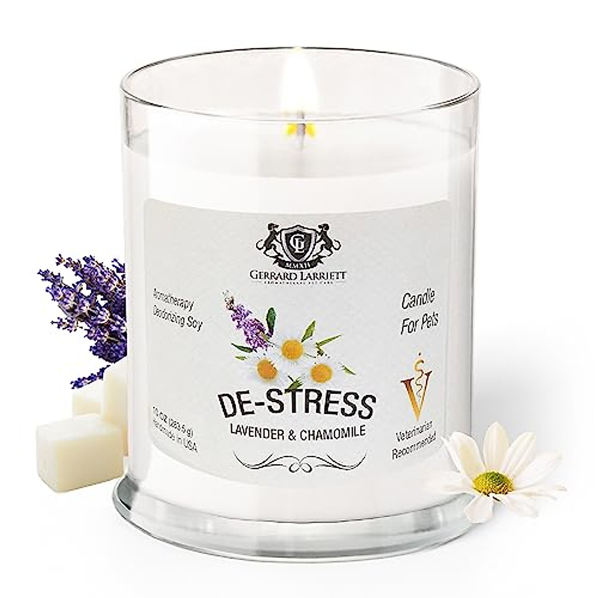 Gerrard Larriett - Deodorizing Soy Candles for Pets, Scented Candles for Removing Pet/Household Odors, Lasts up to 40 Hours, White Candles for Home Scented with De-Stress Lavender & Chamomile Fragrance, 10 oz