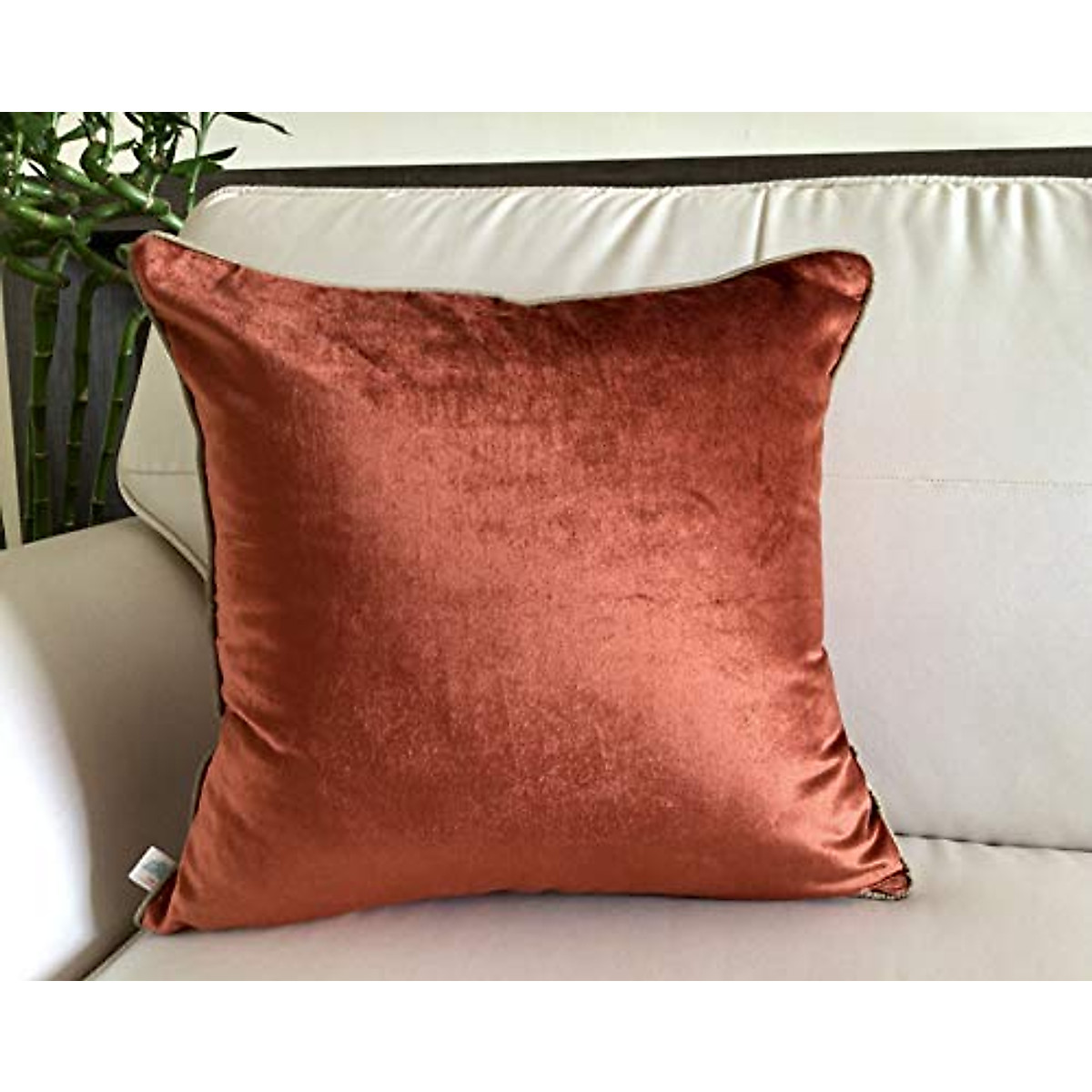 TARA- Sparkling Homes 18 x 18 inches Velvet Zari Embroidered Luxury Decorative Throw Pillow Cover 'Cleopatra' from The Royal Collection for Couch Living Room (Burnt Orange, 18 x 18 Inches)