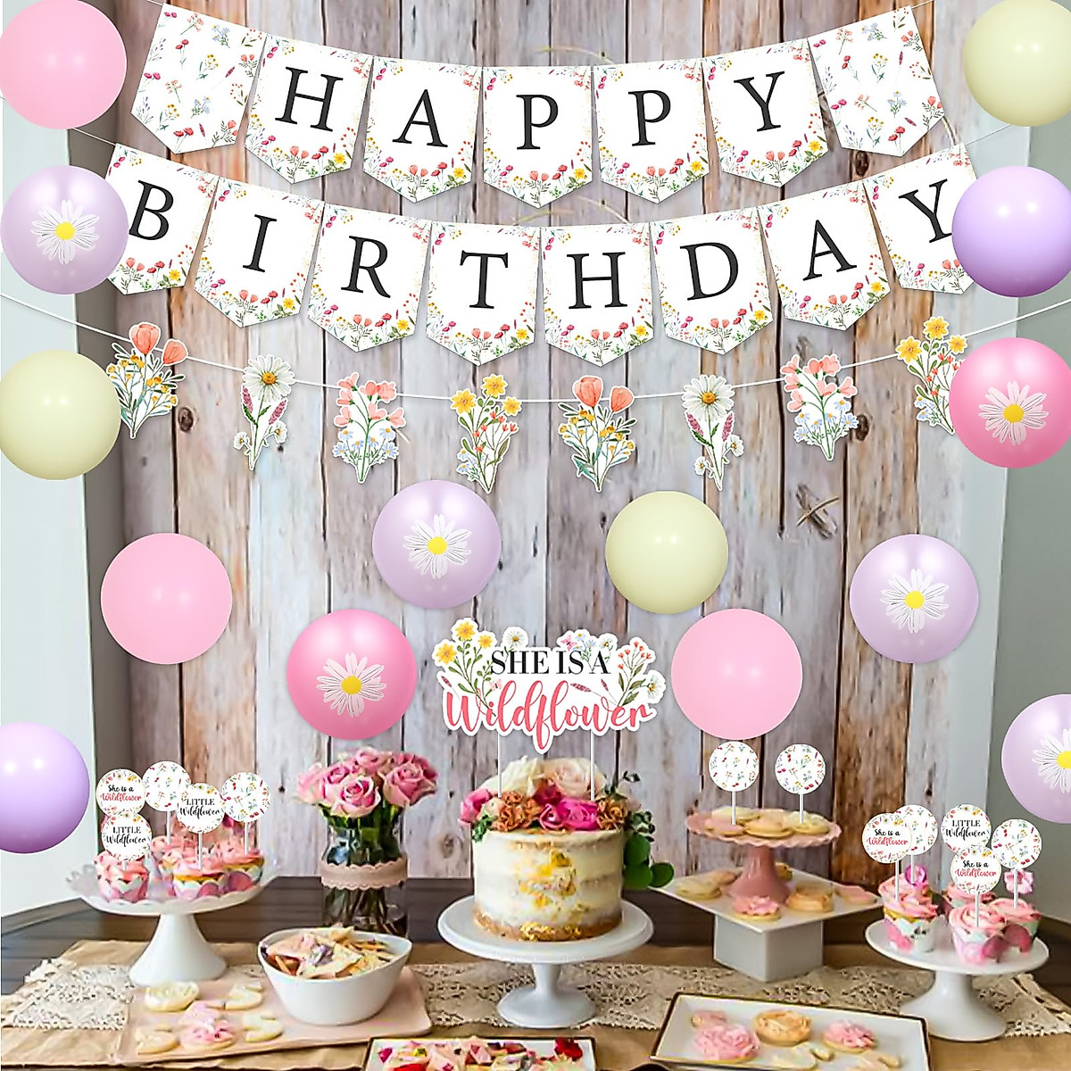Fangleland She is A Wildflower Theme Birthday Decorations for Girls - Daisy Macaroon Pastel Balloons, Happy Birthday Banner, Cake Cupcake Toppers - Floral Baby Shower Party Decors Supplies