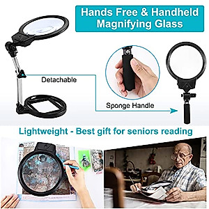 LANCOSC 5.5 Inches 2-in-1 Magnifying Glass with Light and Stand, 2X-6X Large Foldable Handheld Lighted Magnifier for Close Work, Reading, Cross Stitches, Crafts, Needleworks, Embroidery (Black)