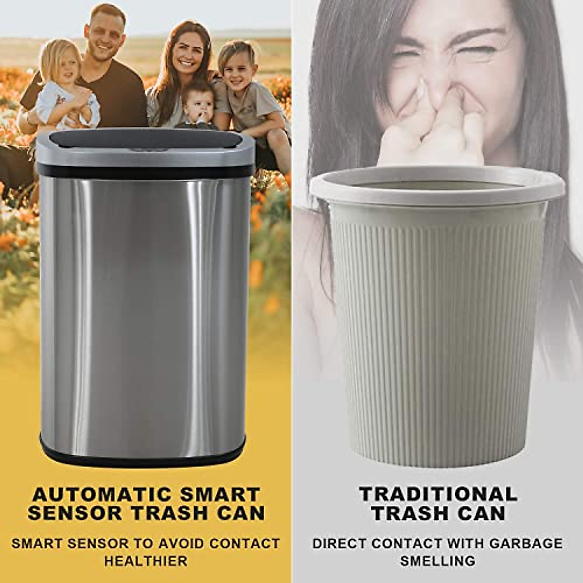HCY Kitchen Trash Can 13 Gallon Automatic Metal Garbage Can Stainless Steel Waste Bin with Lid Smart for Kitchen,Office,Living Room,Bathroom(Silver)