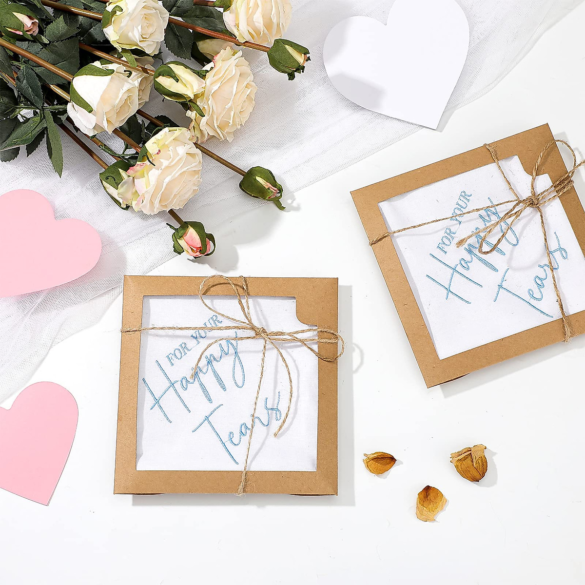 12 Sets Wedding Handkerchief Embroidered Handkerchief with Scallop Lace Edges Fun Wedding Gifts for Wedding Day Bride (Happy Tears)