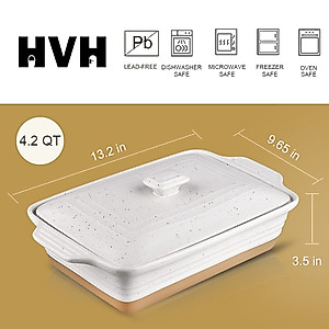 HVH Ceramic Casserole Dish with Lid Oven Safe, 9x13 Casserole Dish, Covered Rectangular Casserole Dish Set, 3.5 Quart Large Casserole Dish, Baking Dishes for Casseroles, Farmhouse Style (White)