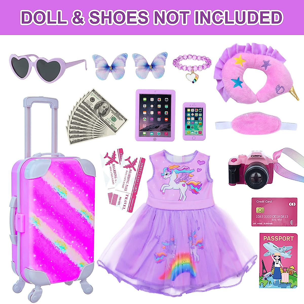 American18 Inch Doll Clothes and Accessories Travel Suitcase Play Set- Girl Doll Accessories Including Suitcase Luggage , Pillow, Sunglasses, Camera, Passport, Phone for Girls 18" Doll(No Doll)