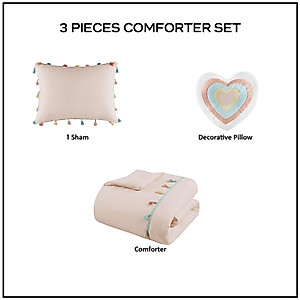 Mi Zone Kids Twin Comforter Set for Girls, Pink Comforter SetTwin Comforter Set, Tessa Adorable Twin Bedding Sets for Girls, Fun Pom Pom Tassel, Sham, Boho Heart Throw Pillow, Twin, Blush 3 Piece