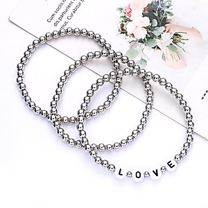 CEALXHENY Beaded Bracelets Stackable Brass Bead Ball Chain Bracelets for Women LOVE Letter Stretch Bracelet Bangles for Men Women Holiday Valentine’s Gift (C Letter LOVE Silver)