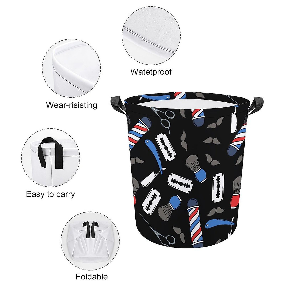 TsyTma Barbershop Laundry Basket Brush Razor Small Laundry Hamper Collapsible Clothes Hamper with Handles Round Toy Organizer Bin for Kid's Room Office Nursery Hamper Home Decor