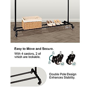 OLDRAINBOW Industrial Pipe Clothing Rack,63in Dress Rack Clothes Rack,Vintage Clothing Racks on Wheels,Retail Rack Mobile Coat Rack Metal Garment Rack(Black)