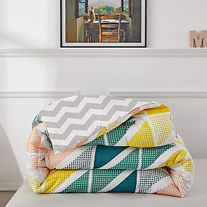 UOZZI BEDDING Comforter Set Queen Size 3 Pieces Colorful Style Yellow Green Cubes Triangles Print Reversible Down Alternative 800 TC Kids Adult Duvet Sets