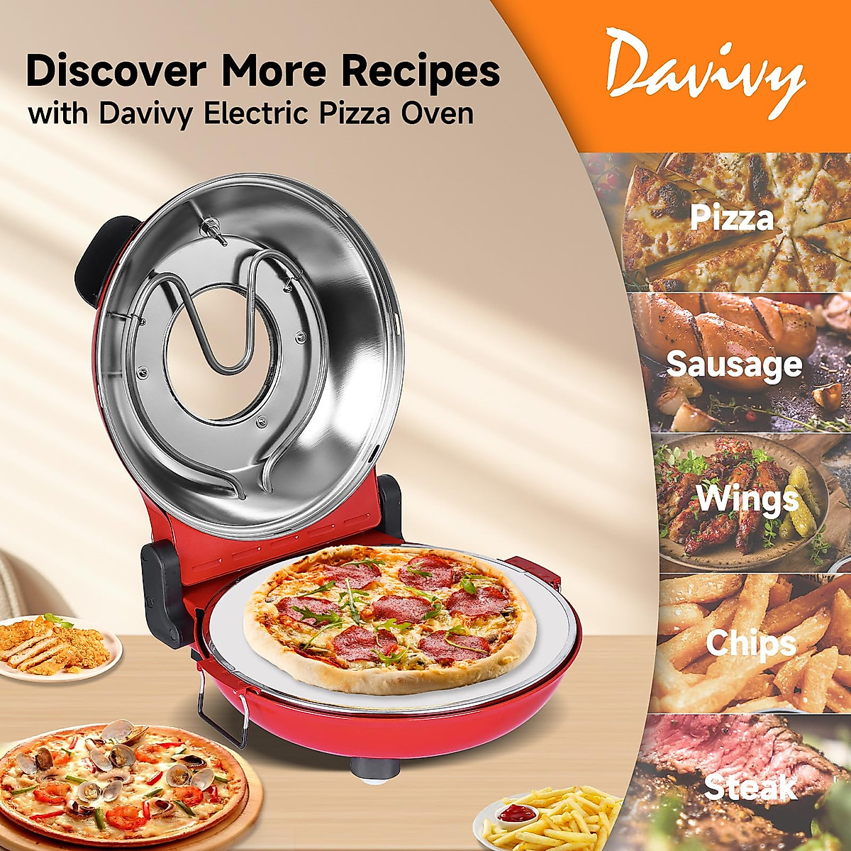 Upgrade Davivy 12" Indoor Electric Pizza Oven with Timer & Stone & Grill Pan, Countertop Pizza Oven Heats up to 800˚F, Portable Indoor Pizza Oven Cooker Countertop, Electric Indoor Pizza Cooker -Red