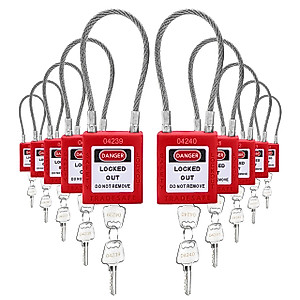 TRADESAFE Lockout Tagout Steel Cable Locks with Keys,10 Red Keyed Different Electrical Lockout Padlock Set, 2 Keys per Lock, OSHA Compliant, Premium Grade