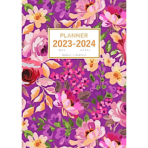 Planner 2023-2024: A4 Weekly and Monthly Organizer from May 2023 to April 2024 | Painted Colorful Flower Design Purple