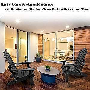 hOmeHua Folding Adirondack Chairs, Outdoor Plastic Weather Resistant Chair, Imitation Wood Stripes, Easy to Fold Move & Maintain, Patio Chair for Backyard Deck, Garden & Lawn Porch (Black)