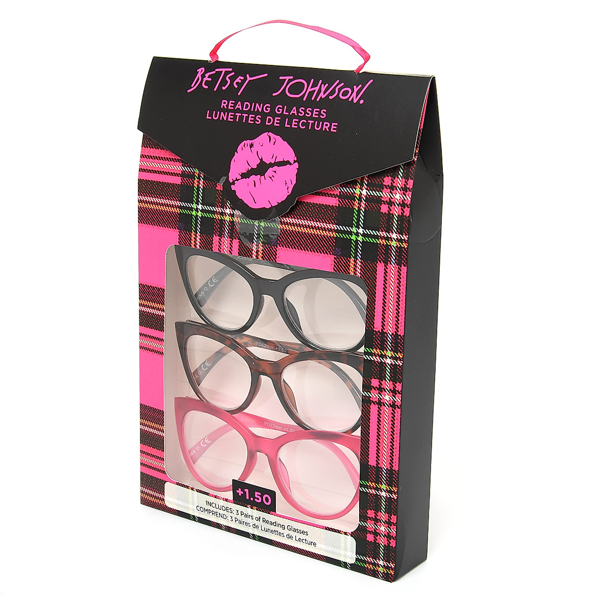 Betsey Johnson Women's Plaid 3 Pack Reading Glasses Cat Eye, Black, Tortoise, Magenta, 1.5X + 1.5