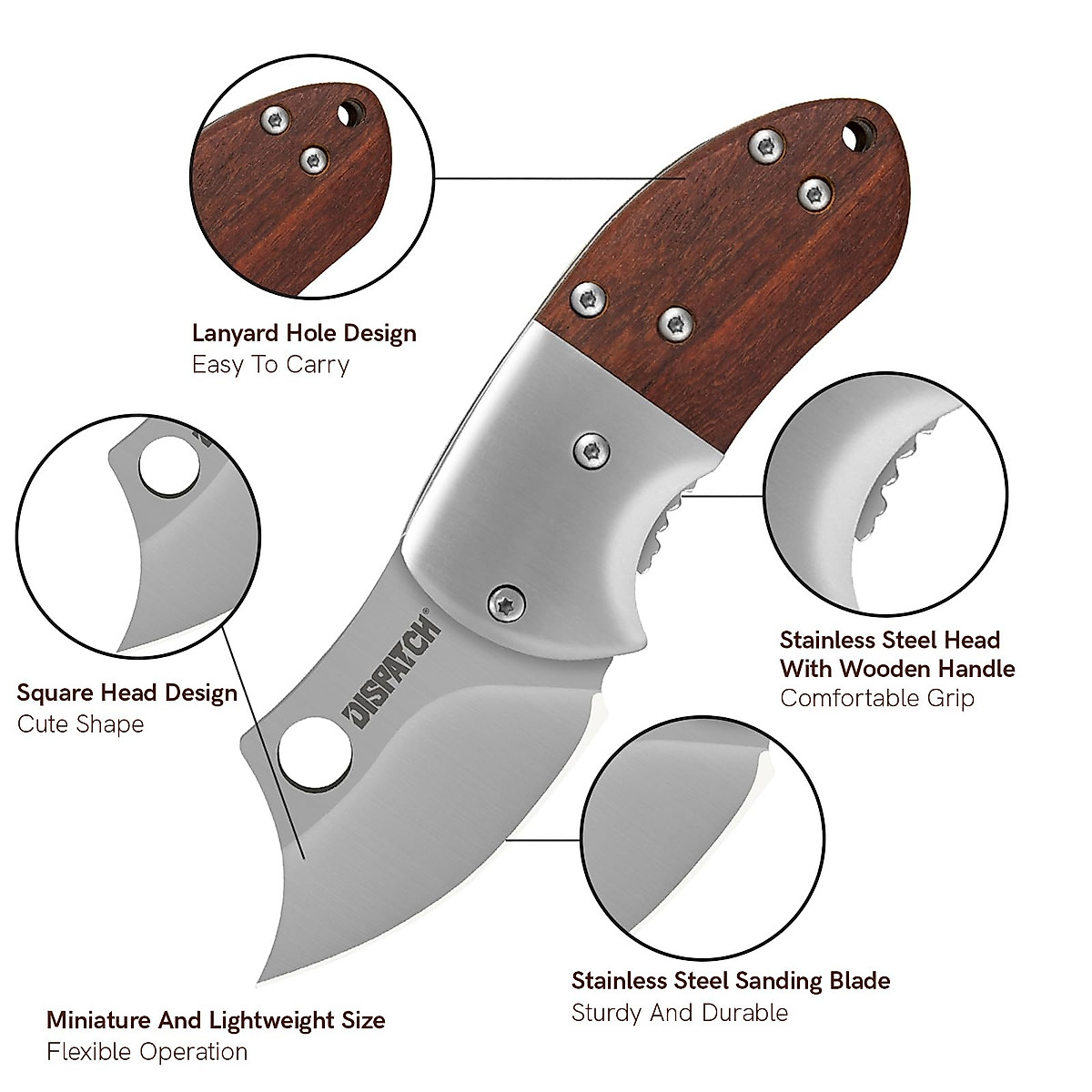 Dispatch Mini Folding Small Pocket Knife, Stainless Steel Sanding Blade and Steelhead EDC with Wooden Handle, Everyday Carry, Unique Small Gift for Father-Mother Men Women