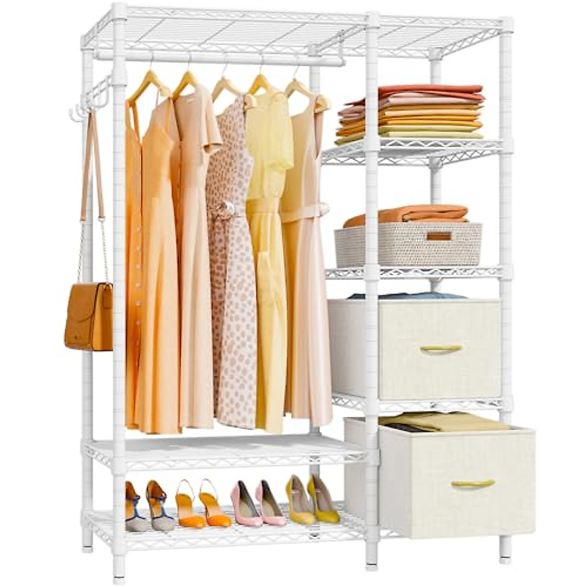 VIPEK V7 Wire Garment Rack 6 Tiers Heavy Duty Clothes Rack with 2 Fabric Drawers, Freestanding Wardrobe Closet Metal Clothing Rack for Hanging Clothes, 44.9"L x 16.5"W x 76.4"H, Max Load 730LBS, White