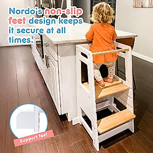 Toddler Kitchen Stools Helper with Adjustable Height and Anti-Slip Protection, Kids Standing Tower with Safety Rail, Kids Montessori Step Stool with Learning Chalkboard, White