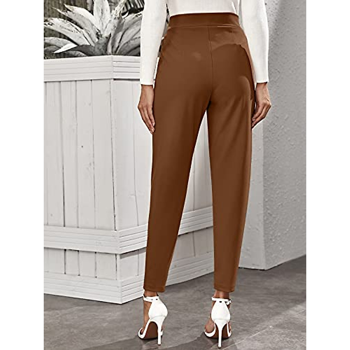Floerns Women's Solid High Waist Tapered Ankle Stretch Work Pants Chocolate Brown M