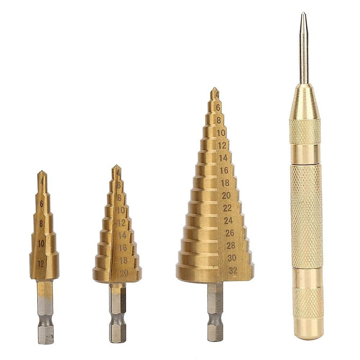 Drill Bits with Automatic Punch, 3pcs Step Drill Bits 4-12/4-20/4-32 with Hexagonal Handle, High Speed Steel and, Good Wear Resistance