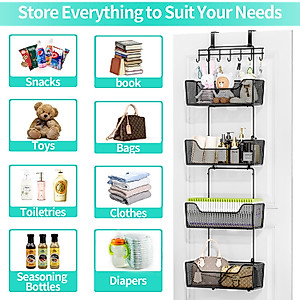 HapiRm Over The Door Organizer - Hanging Door Organizer with 4 Metal Large Capacity Baskets and Adjustable Coat Hook, Behind Door Storage for Bathroom Bedroom Kitchen Pantry Closet Cabinet