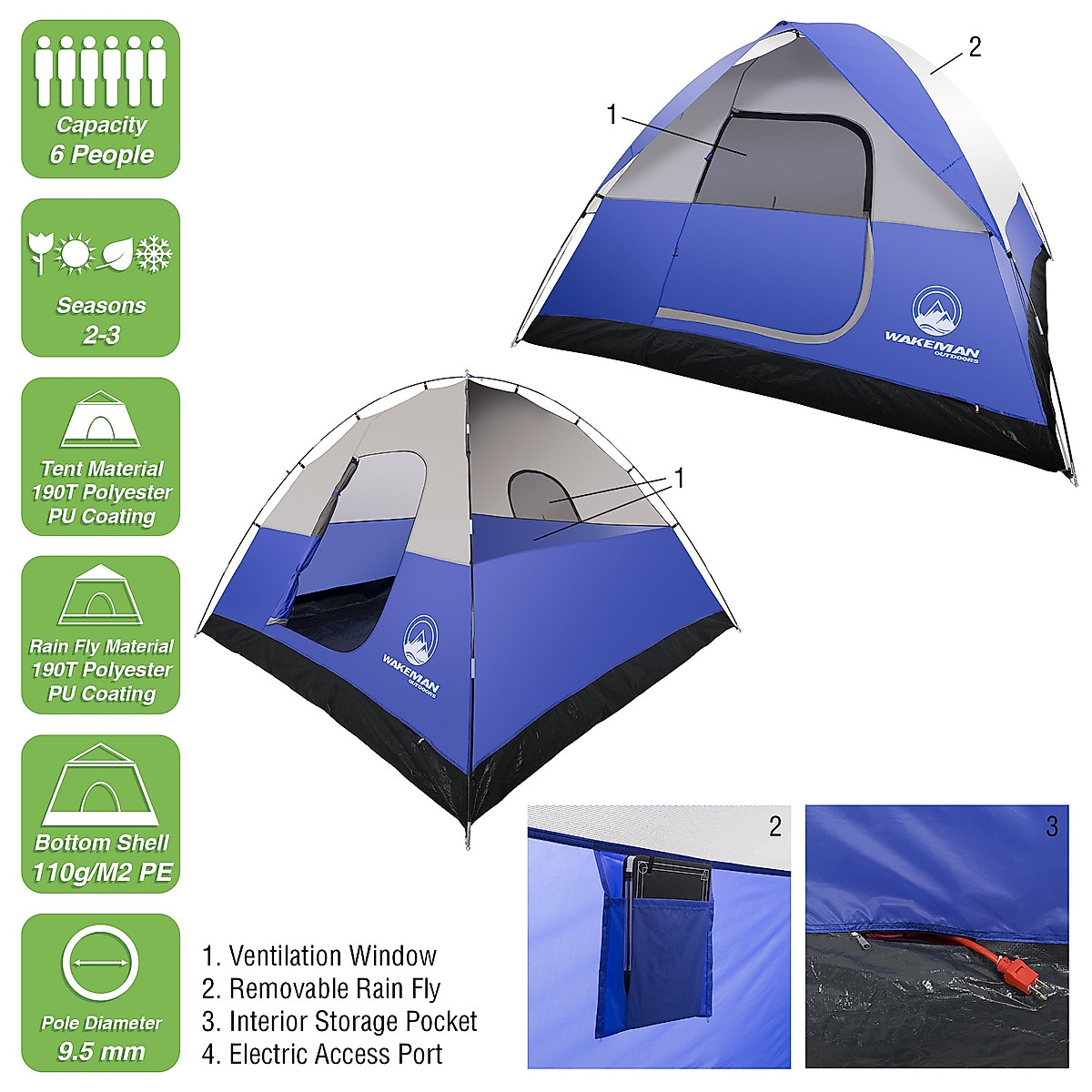 6 Person Camping Tent - Water-Resistant Family Tent for Camping with Removable Rain Fly, Storage Pocket, and Carrying Bag by Wakeman Outdoors (Blue)