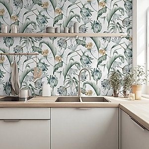 GloryTik 16.14" x 78.7" Green Leaf Floral Peel and Stick Wallpaper - Green and Blue Contact Paper, Removable Self-Adhesive, Waterproof Mural for Room Walls, Cabinets Decor