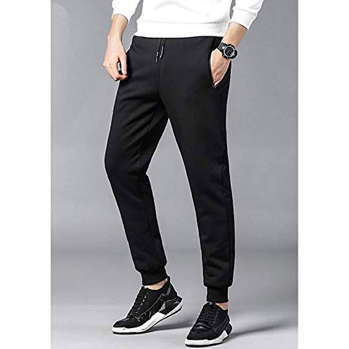 Yeokou Men's Casual Warm Sherpa Lined Elastic Waist Pant Trousers Joggers (Small, Black-Ribbed Cuff)