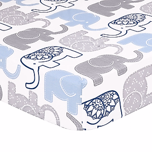 Grey, Navy Blue Elephant Print Fitted Crib Sheet - 100% Cotton Baby Boy Jungle Animal Theme Nursery and Toddler Bedding