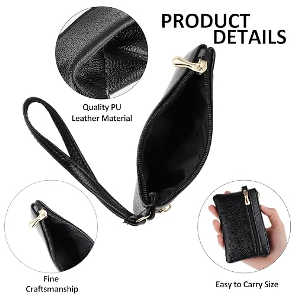 Jeffdad Women's Leather Coin Purse, Small Coin Purse for Women, Small Zipper Coin Purse with Double Zipper Detachable Wrist Strap Coin Purse for Women Coin Purse (black)