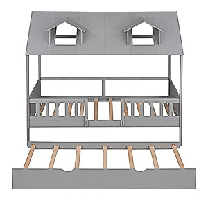 Twin Size House Bed Wood Bed with Twin Size Trundle (Gray)