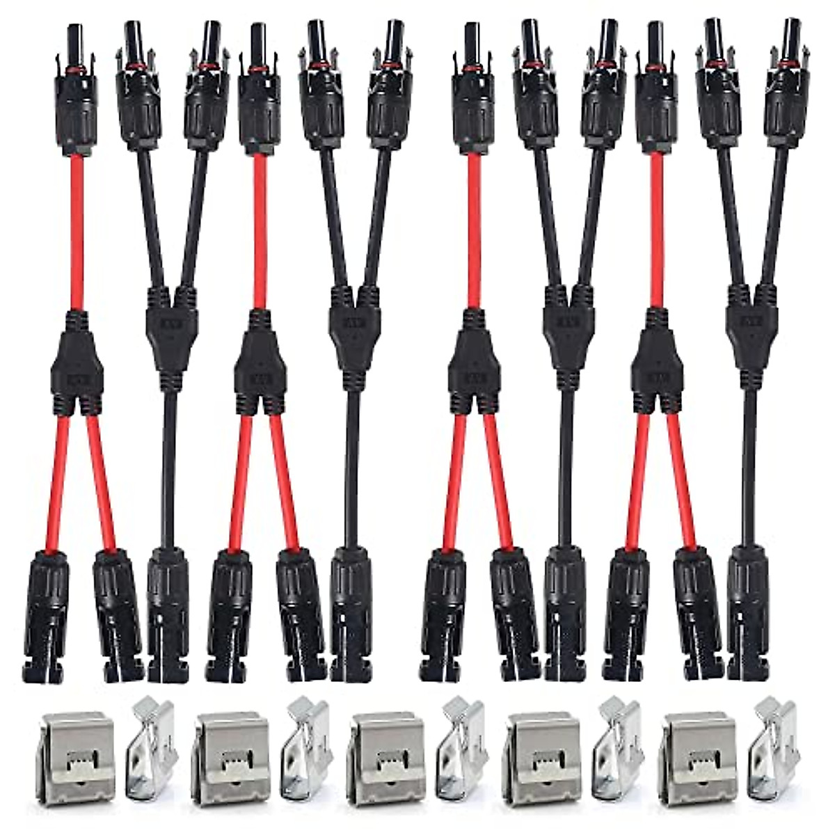 ALAMSCN 4 Pairs Solar Connector Y Branch Parallel Adapter Cable Wire Plug 2 to 1 Male Female Connectors (M/FF, F/MM) for Solar Panel with PV Cable Clips