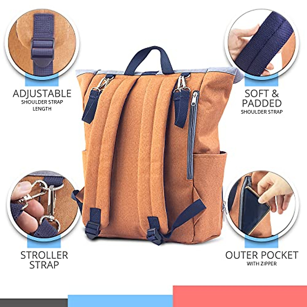 Ferskenciel Diaper Bag Backpack – Minimalist Multi Function Large Durable Stylish Travel Maternity Baby Girl Boy Nappy Bag with Stroller Straps, Insulated Bottle Pockets, Parents Pocket, Brown Grey