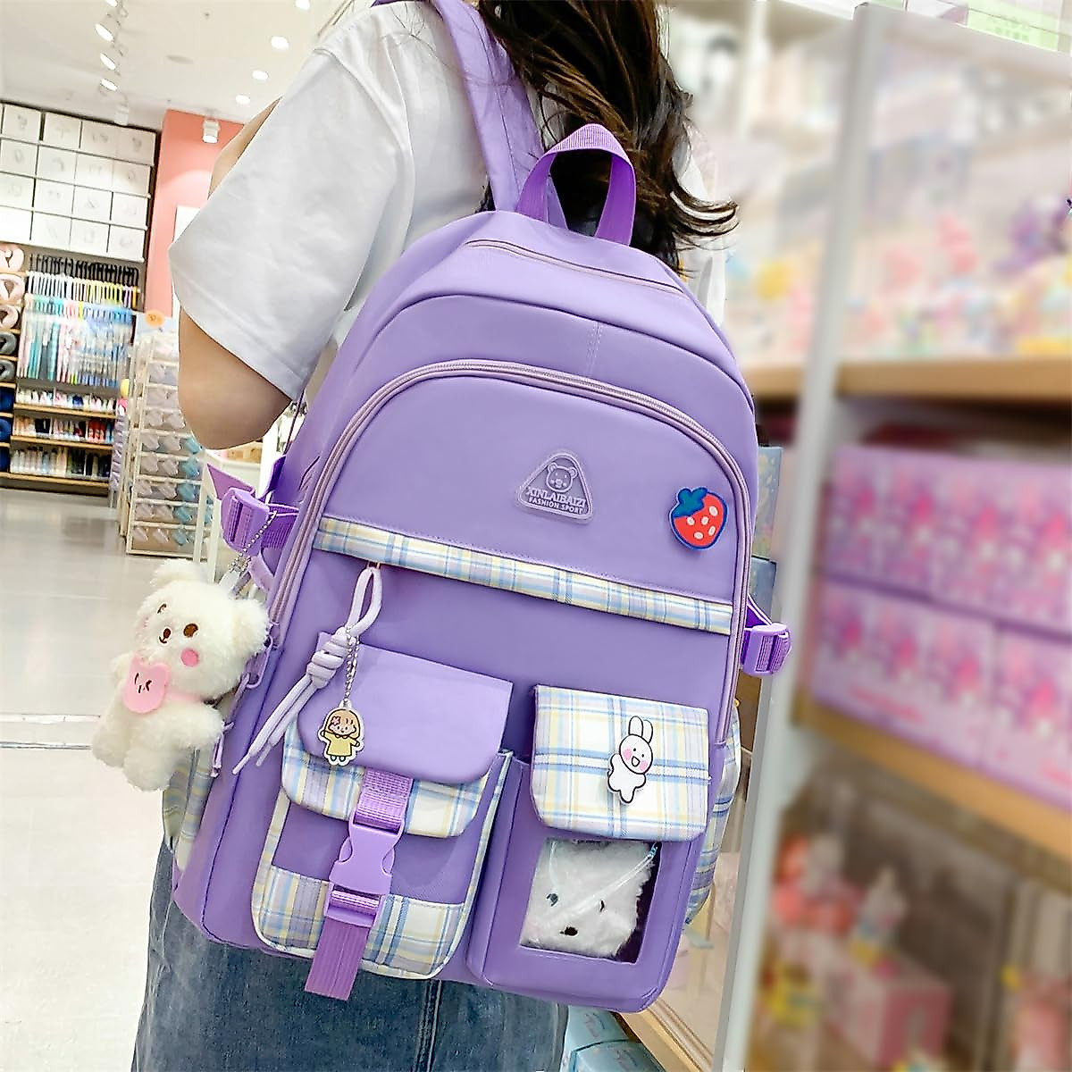 LsdgFriday Kawaii Backpack Set 5Pcs Canvas Plaid School Bag with Cute Pendants Pins Accessories for Teen Girls Aesthetic Backpack Shoulder Tote Bags Daypack for Back To School