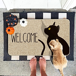 Artoid Mode Black Cat Welcome Decorative Doormat, Pet Halloween Floor Mat Switch Mat for Indoor Outdoor 17 x 29 Inch