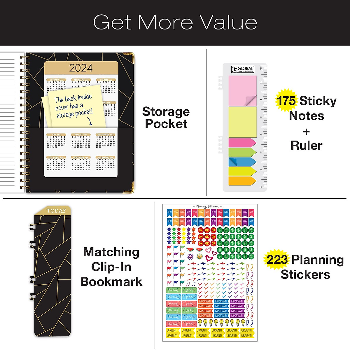 HARDCOVER 2023 Planner: (November 2022 Through December 2023) 8.5"x11" Daily Weekly Monthly Planner Yearly Agenda. Bookmark, Pocket Folder and Sticky Note Set (Black Gold Triangles)