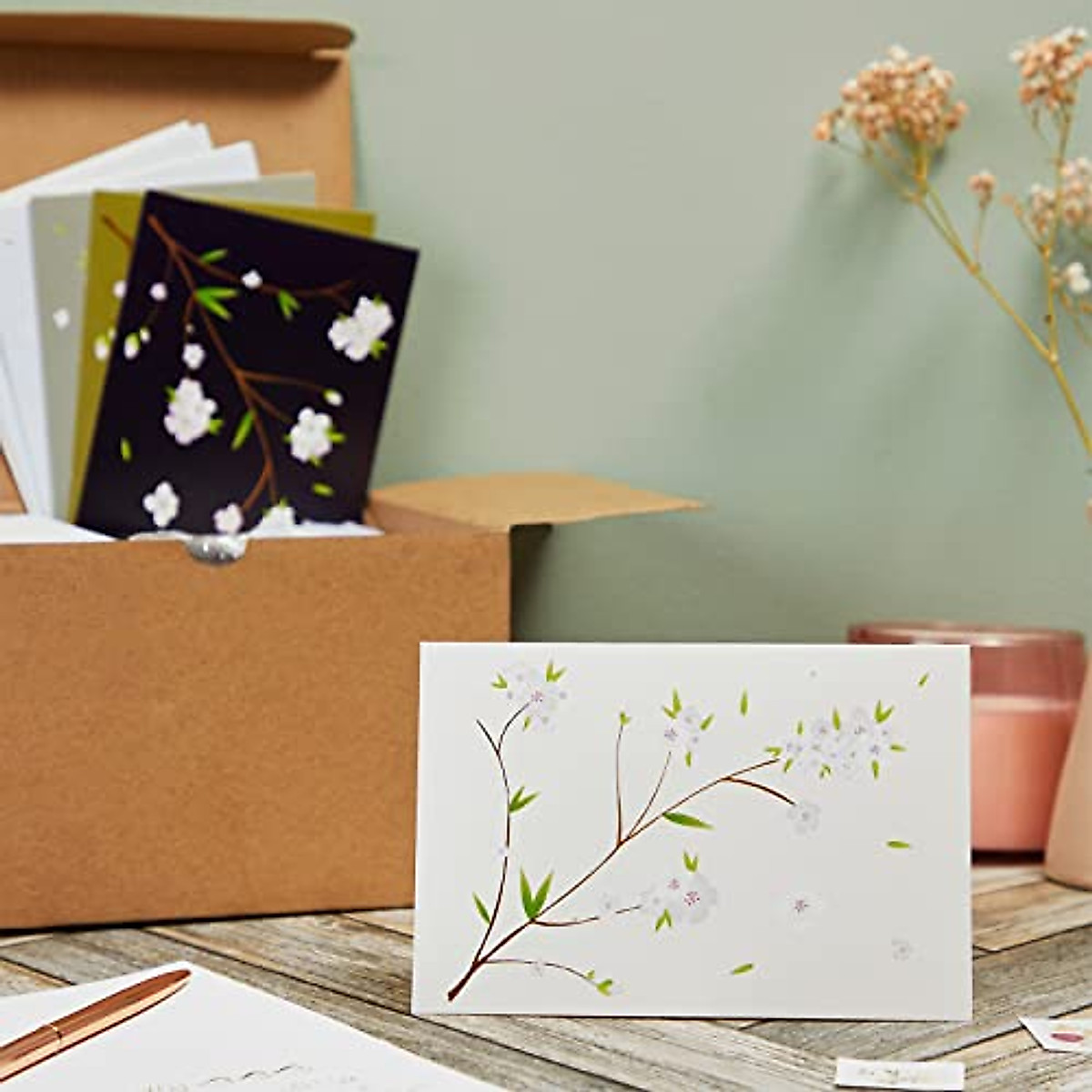 120-Pack Cherry Blossom Note Cards with Envelopes, Blank Vintage-Style Thank You Notes, Bulk Box Set for Wedding Small Business, Birthday (6 Floral Designs, 4x6 In)