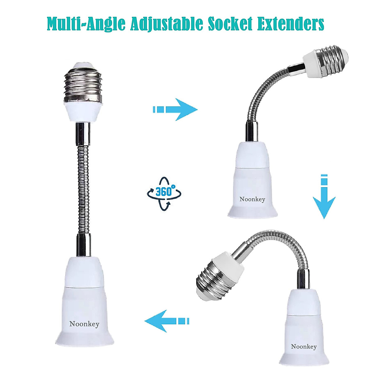 Light Socket Extender [2-Pack], 360 Degree Adjustable Flexing Neck, 19 CM/7.5 Inch Extension Adapter, Compatible with All E26/E27 of Bulbs Screw Base, PBT Fireproof Material, White
