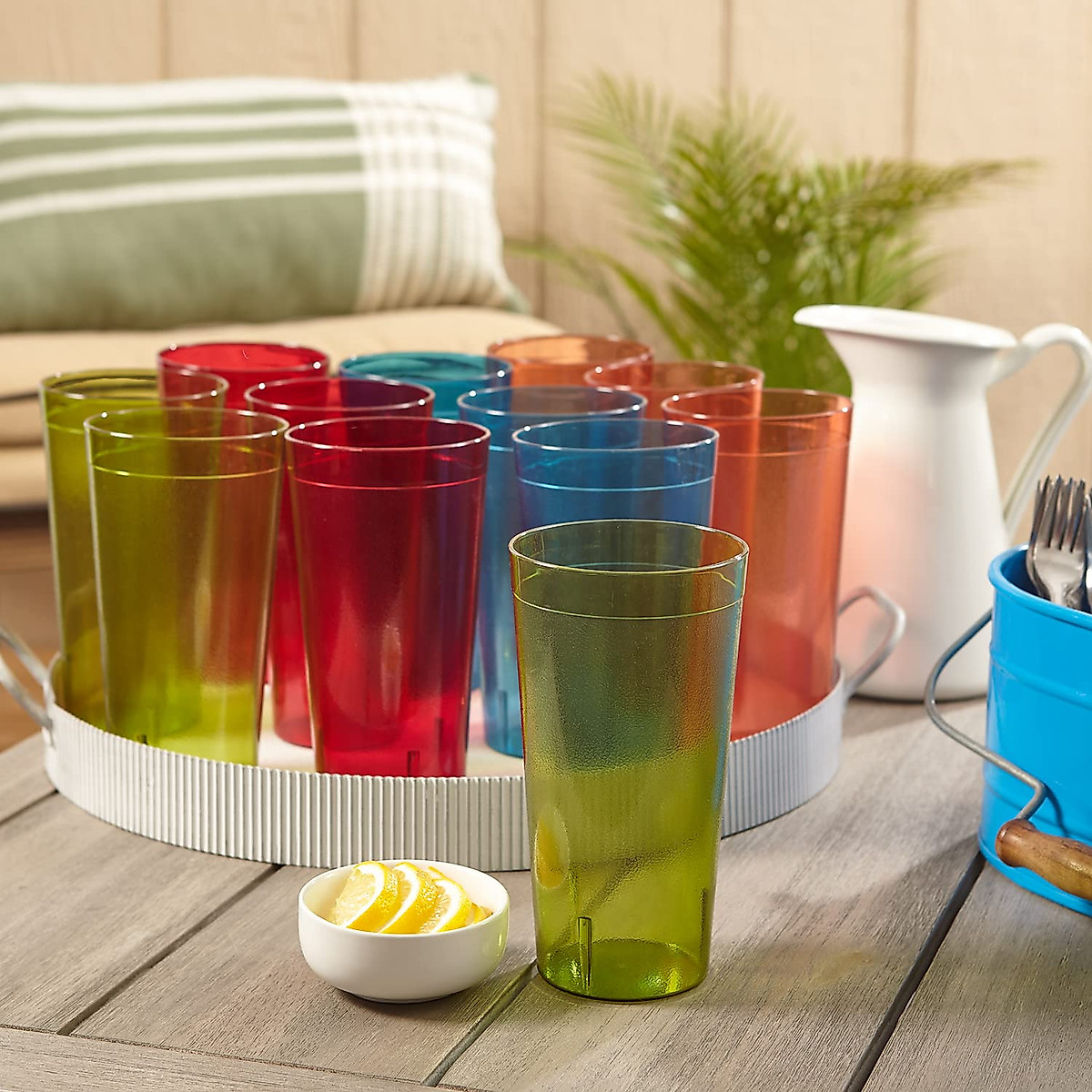 US Acrylic Café Plastic Reusable Tumblers (Set of 12) 32-ounce Iced-Tea Cups, Assorted | Value Set of Restaurant Style Drinking Glasses, Stackable, BPA-free, Made in the USA | Top-rack Dishwasher Safe