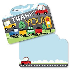 Big Dot of Happiness Cars, Trains, and Airplanes - Shaped Thank You Cards - Transportation Birthday Party Thank You Note Cards with Envelopes - Set of 12