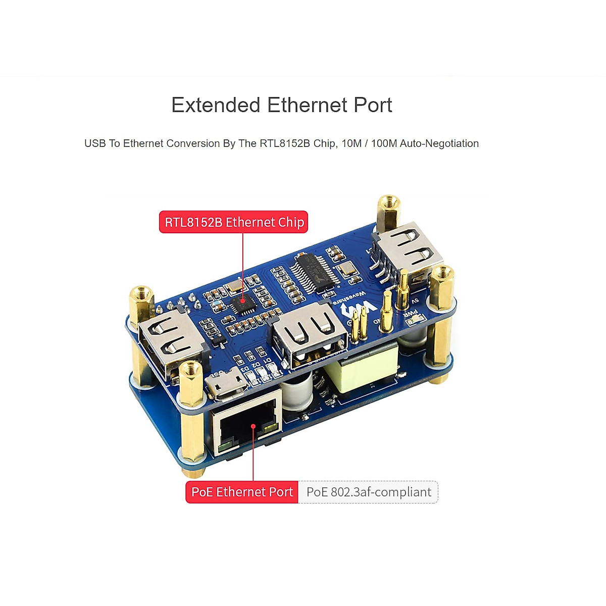 waveshare PoE Ethernet USB HUB HAT with Box ABX Case for Raspberry Pi Zero/Zero W/2 W/Zero WH/2 WH, with 1 RJ45 10/100M Ethernet Port, 3 USB Ports Compatible with USB2.0/1.1,802.3af-Compliant