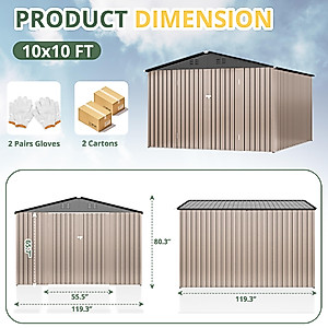 VIWAT 10x10 FT Outdoor Storage Shed, Garden Shed with Updated Frame Structure and Lockable Doors, Metal Tool Sheds for Backyard Garden Patio Lawn,Brown