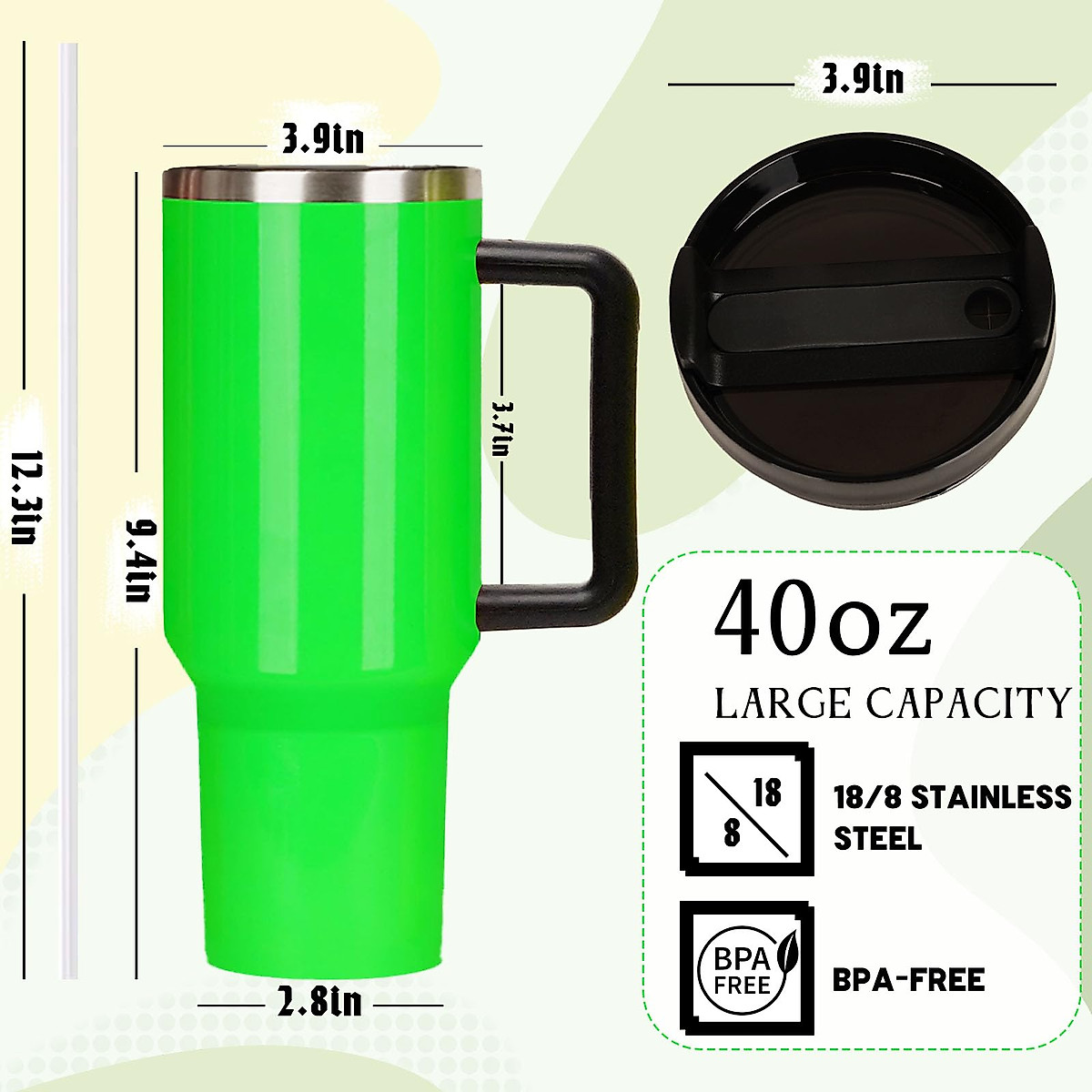 HIZEE Insulated 40oz Sublimation Tumbler with Handle&Straw &Lid - Cup holder Friendly Travel Mug-Stainless Steel Neon Tumbler Double Wall Spill Proof Water Bottle - Gifts for Women Men Him Her（green）
