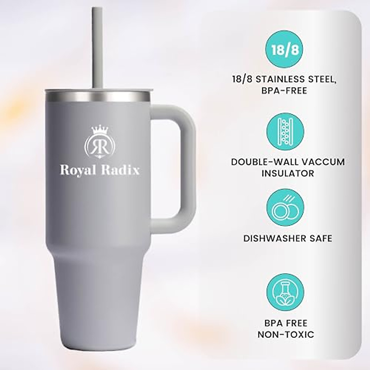 Royal Radix 40oz Insulated Tumbler with Handle & Straw, Stainless Steel Travel Mug, Leak-Proof, Hot & Cold Beverage Cup, BPA-Free, Dishwasher Safe, for Coffee & Water