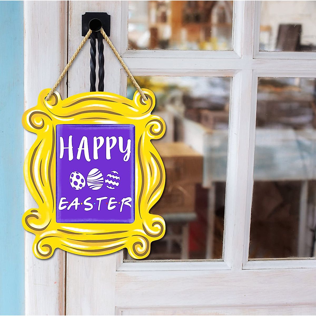 Happy Easter and Eggs Sign Welcome Large Hanging Sign Door Decor with Rope for Easter Party Garden, Yard Spring Home Decorations