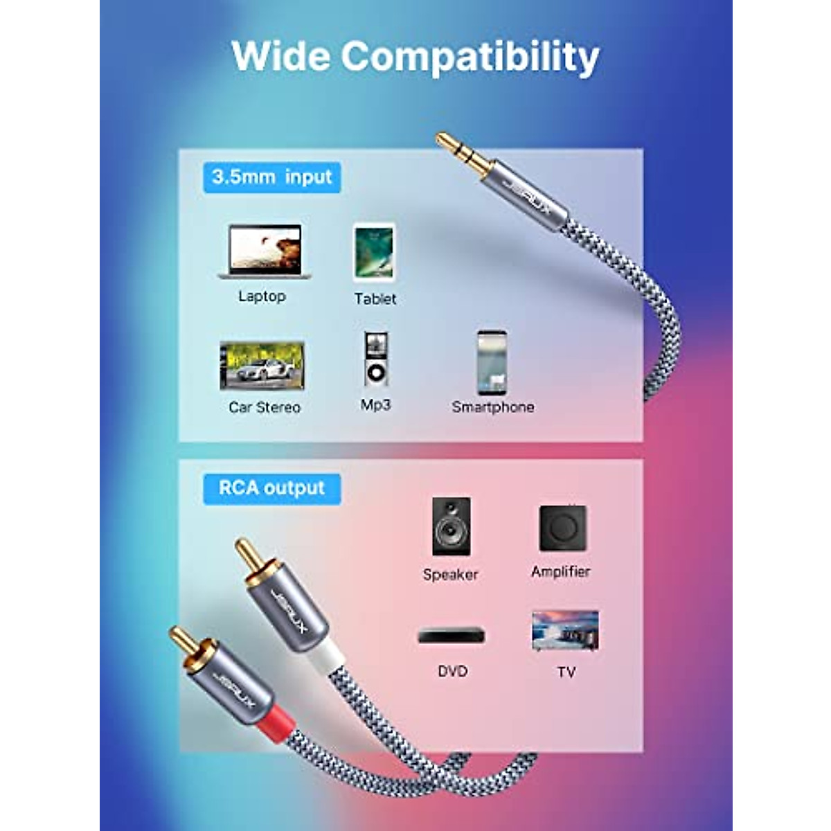 JSAUX RCA to 3.5mm Cable, 【6.6ft/2M】 Aux to RCA Headphone Male to Male Jack Adapter Nylon Braided 1/8 to RCA Audio Y Cord for Smartphones, MP3, Tablets, Speakers, HDTV -Grey